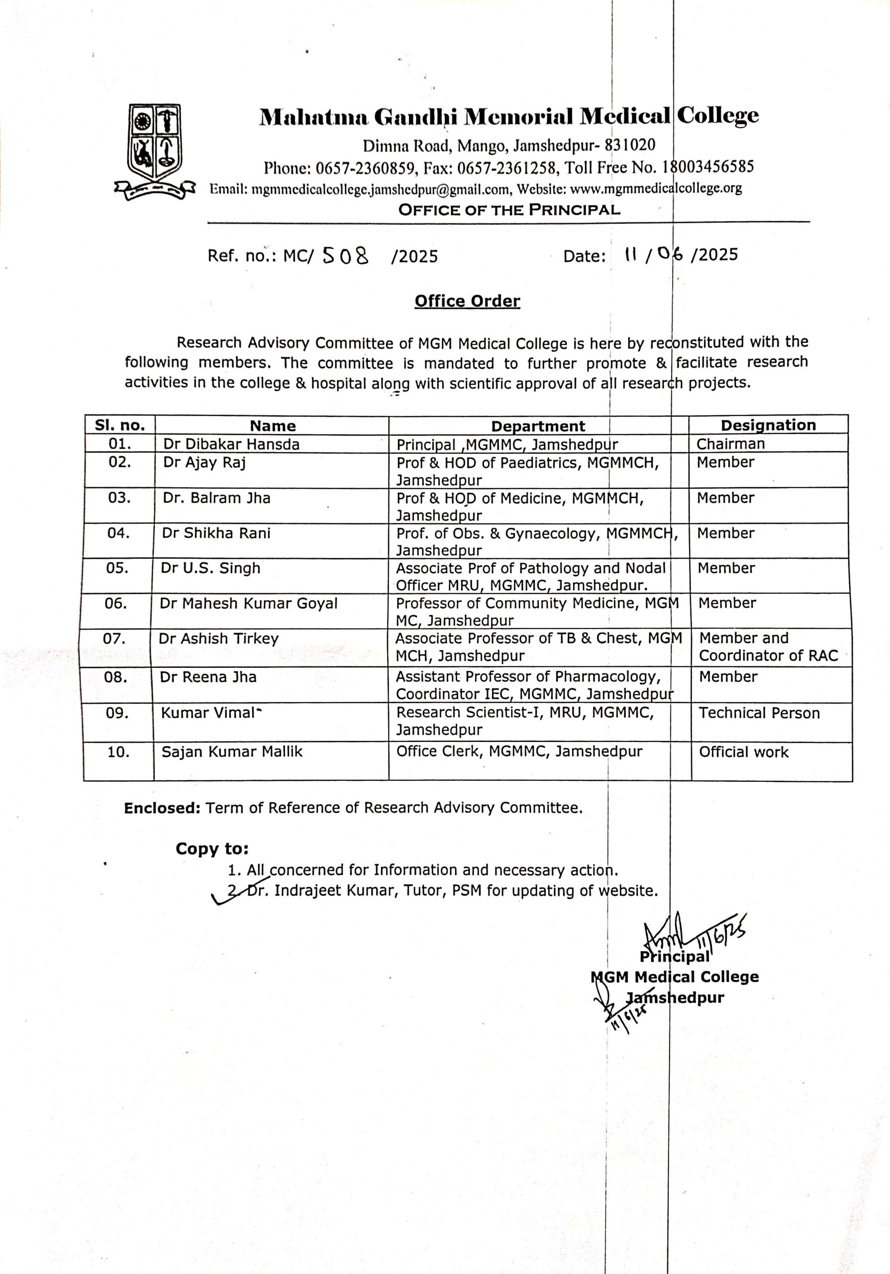 Research Advisory Committee – M.G.M. Medical College, Jamshedpur